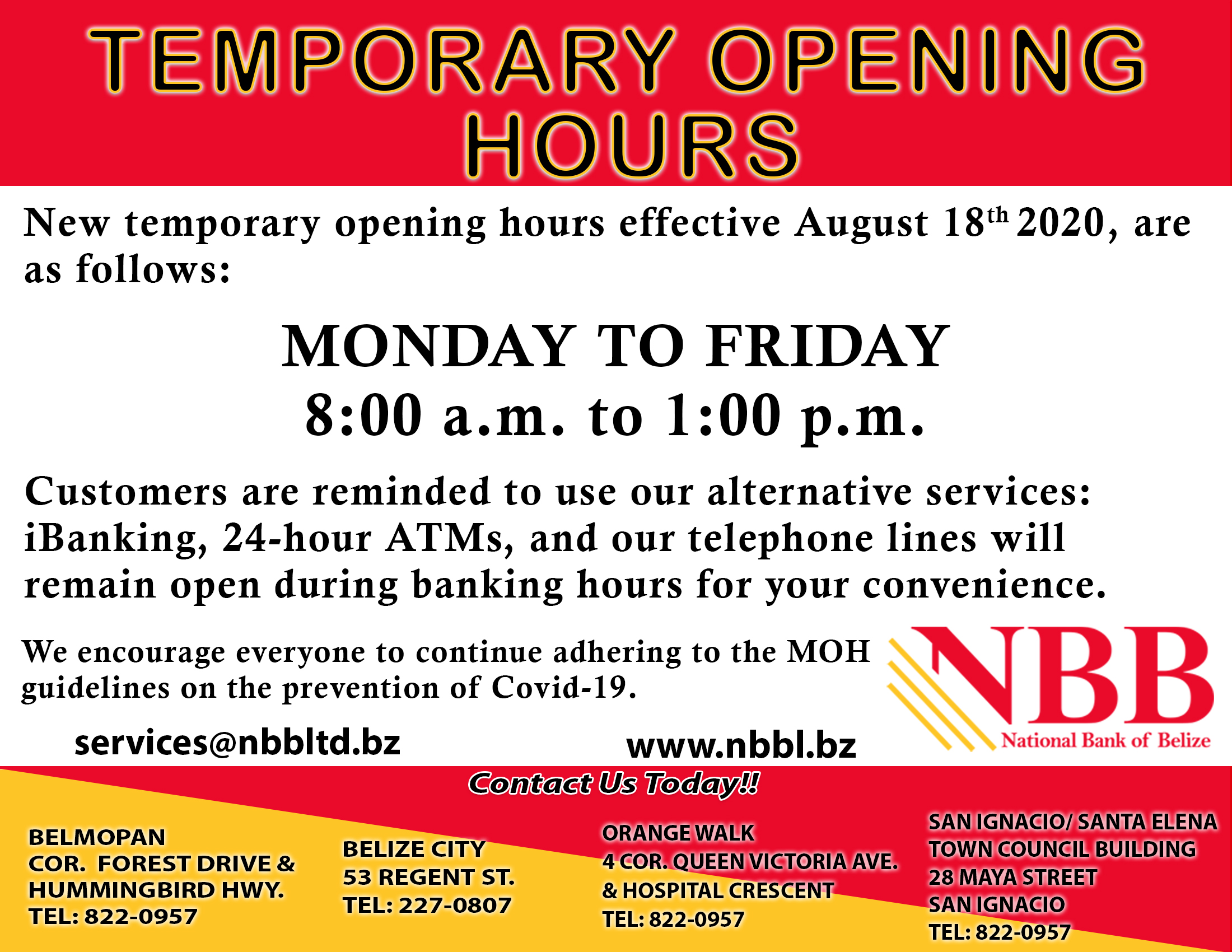 New Temporary Opening Hours National Bank Of Belize New Temporary Opening Hours National Bank Of Belize